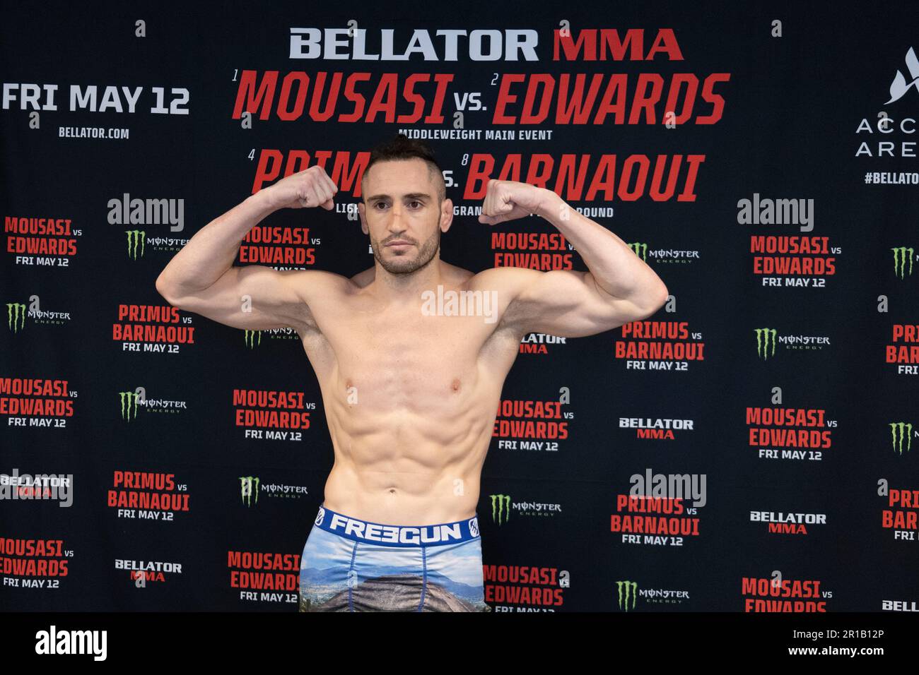 PARIS, FRANCE - MAY 11: Thibault Gouti steps on the scale for the Bellator 296 official weigh ...