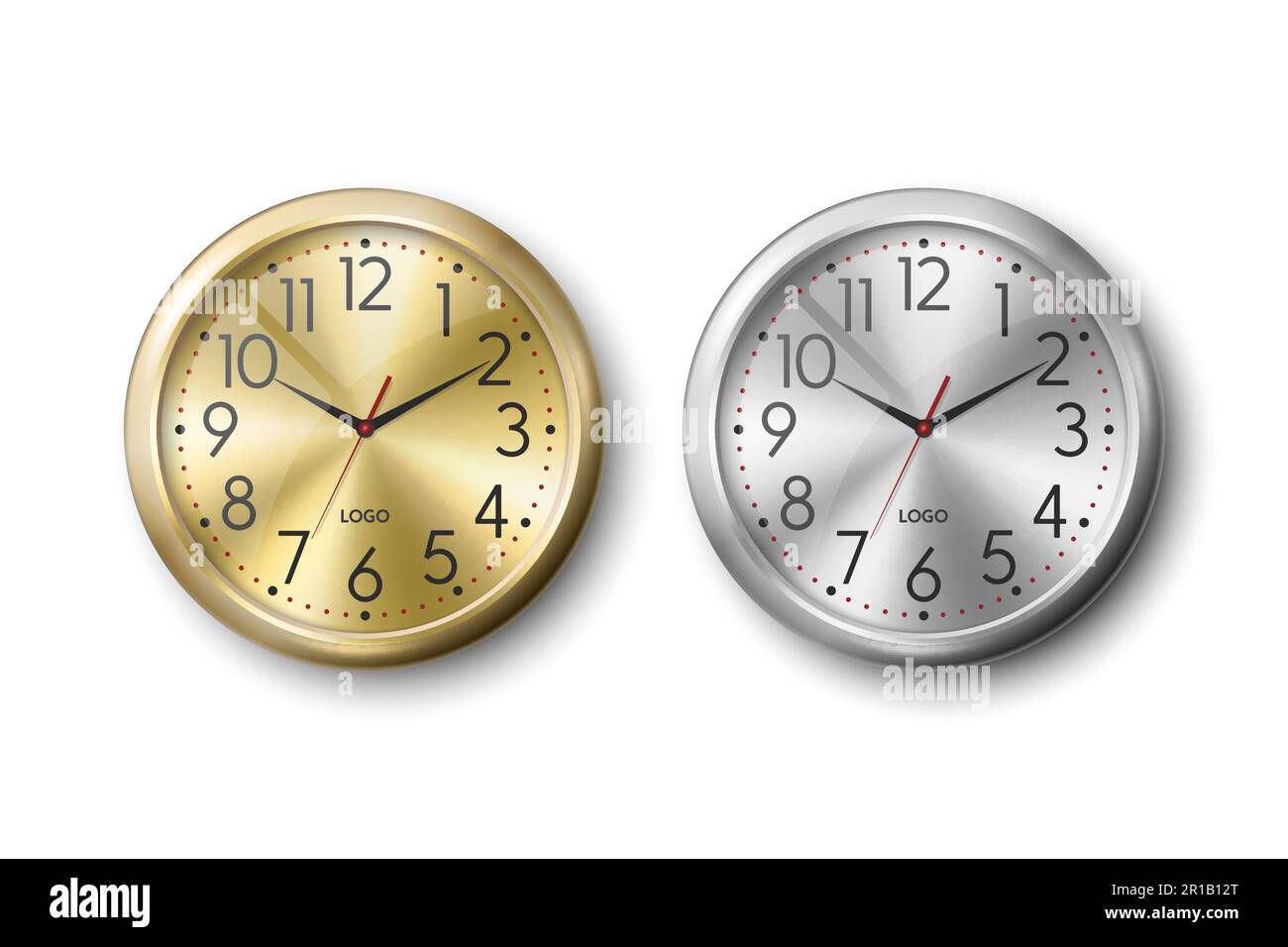 Vector 3d Realistic Round Metal Silver, Golden Color Wall Office Clock ...