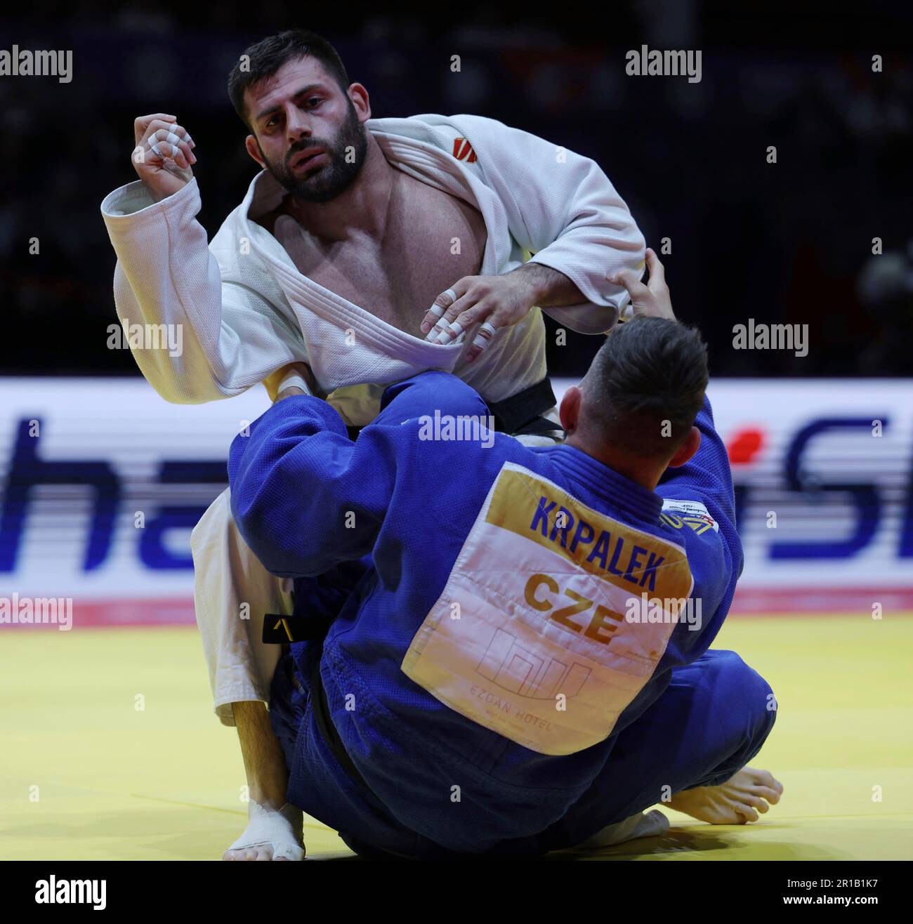 Czech's Lukas KRPALEK (blue) and Arman ADAMIAN (white) compete during ...
