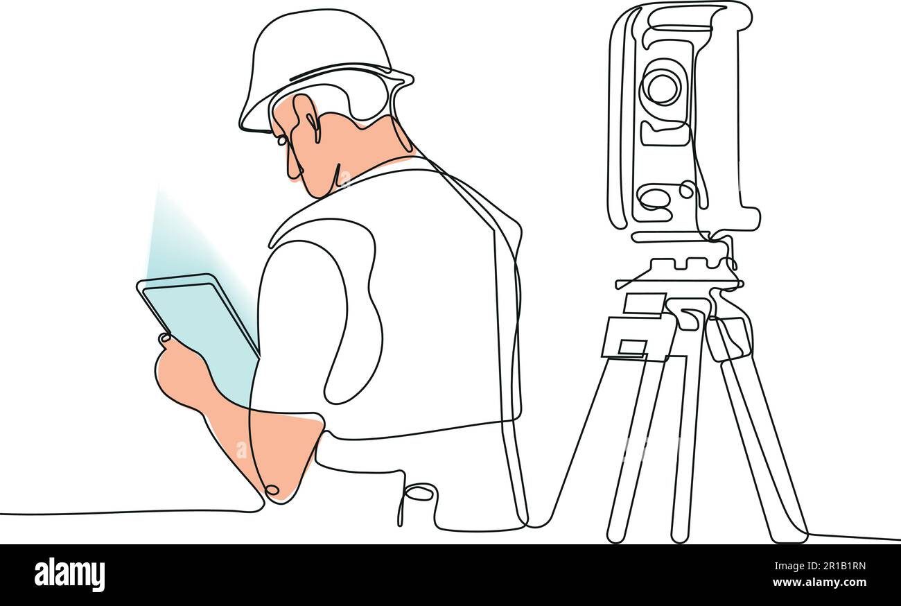 Close up of Caucasian worker with helmet on head using tablet for work ...