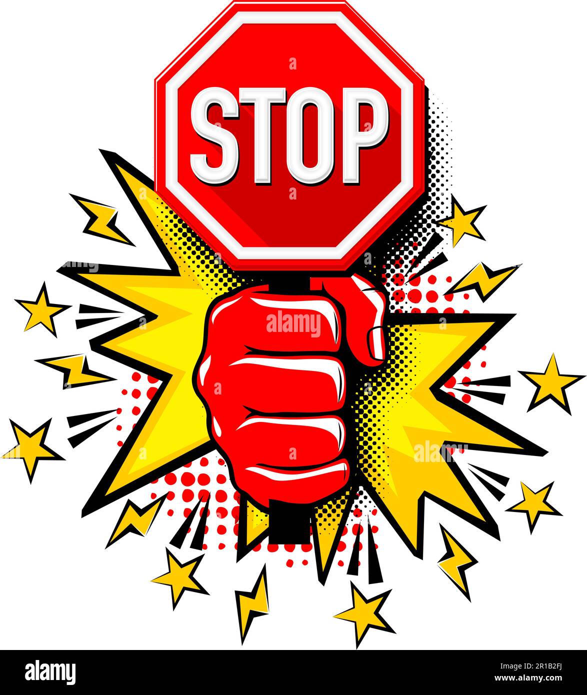 Stop. No travel road sign holding a red fist in comic style. Vector on ...
