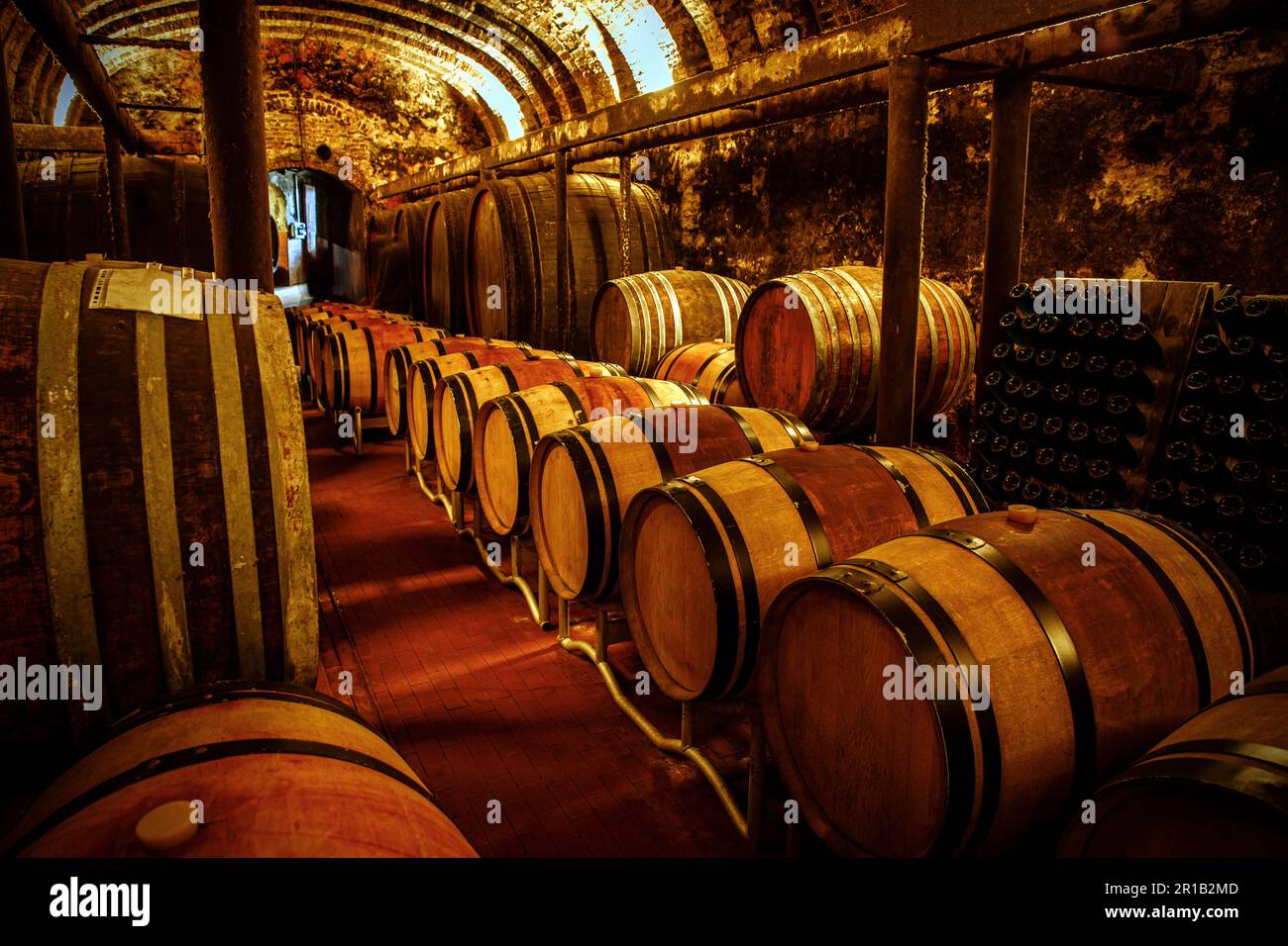 Rustic wine storage room with wooden barrels Stock Photo - Alamy