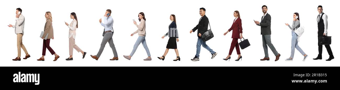 Collage with photos of people wearing stylish outfit walking on white ...