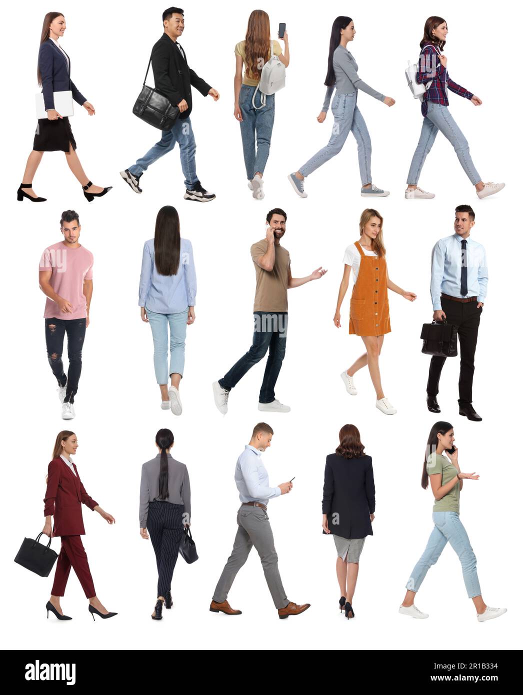 Collage with photos of people wearing stylish outfit walking on white ...