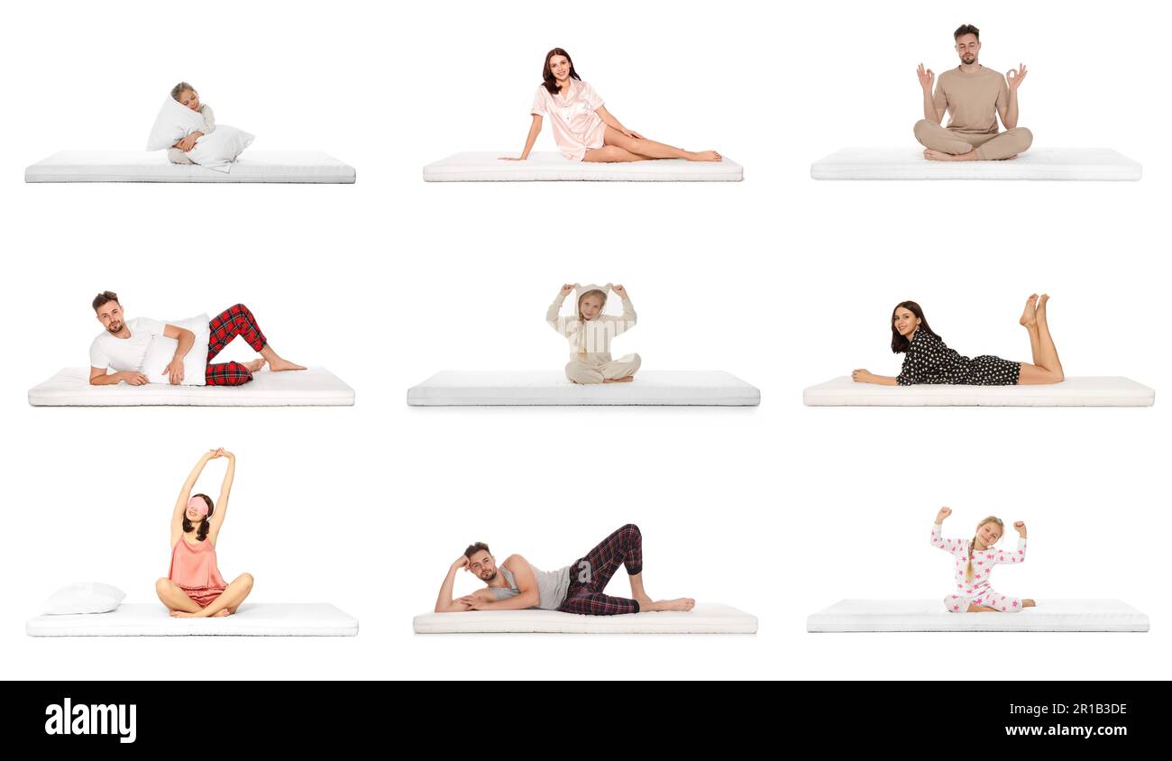Collage with photos of people on soft comfortable mattresses on white ...