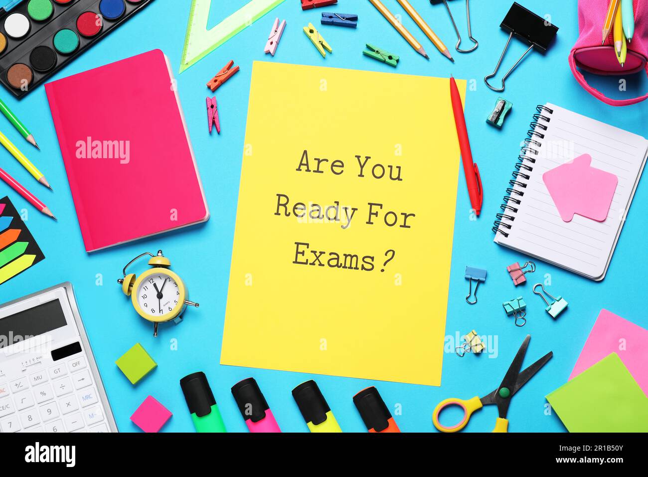 Yellow paper with question Are you ready for exams and stationery on ...
