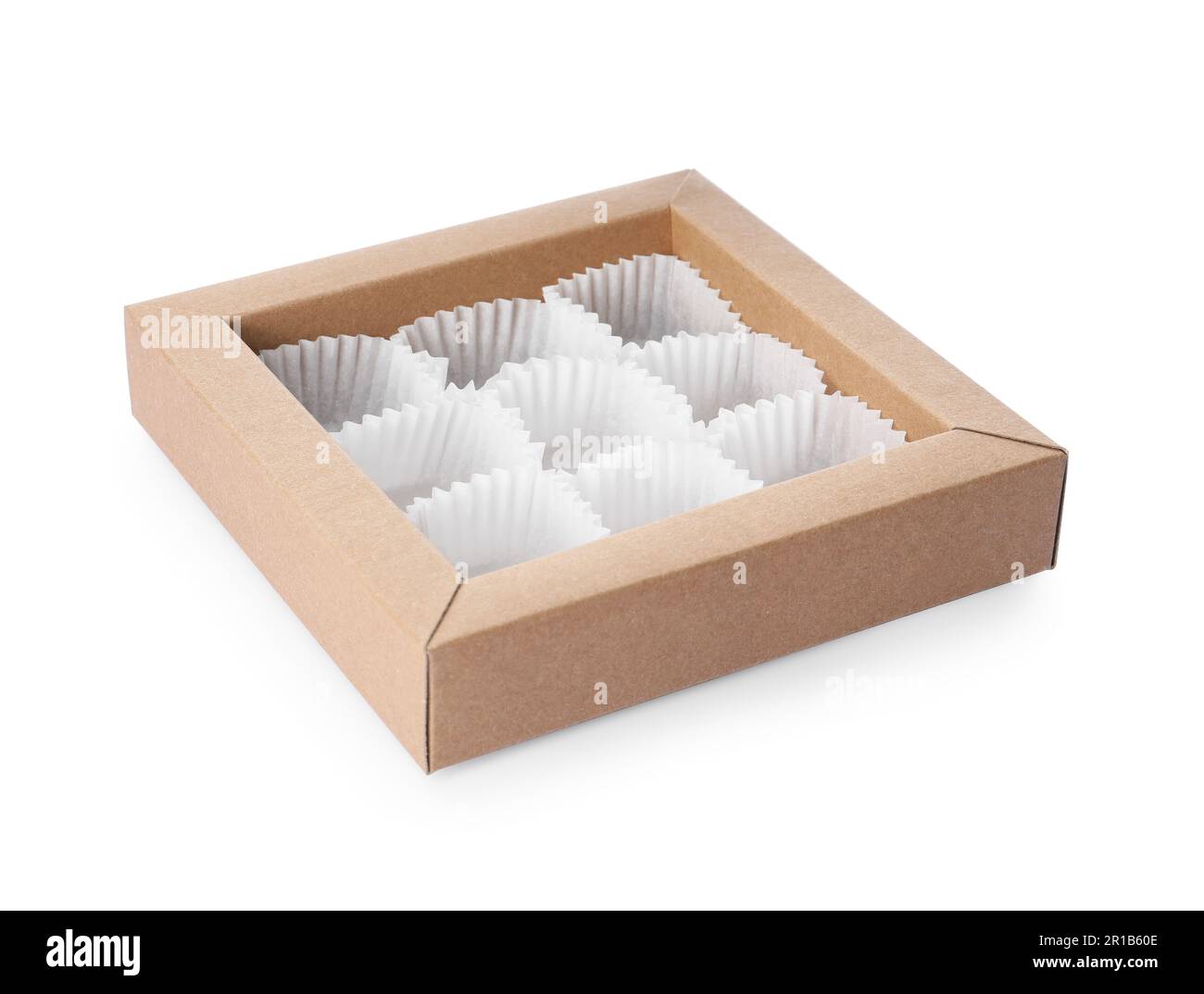 Empty box of chocolate sweets with candy paper cups isolated on white ...