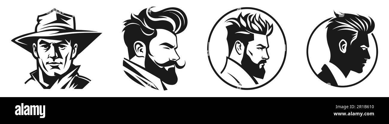 Beautiful man profile set logo, icon. Vector outline silhouette on ...