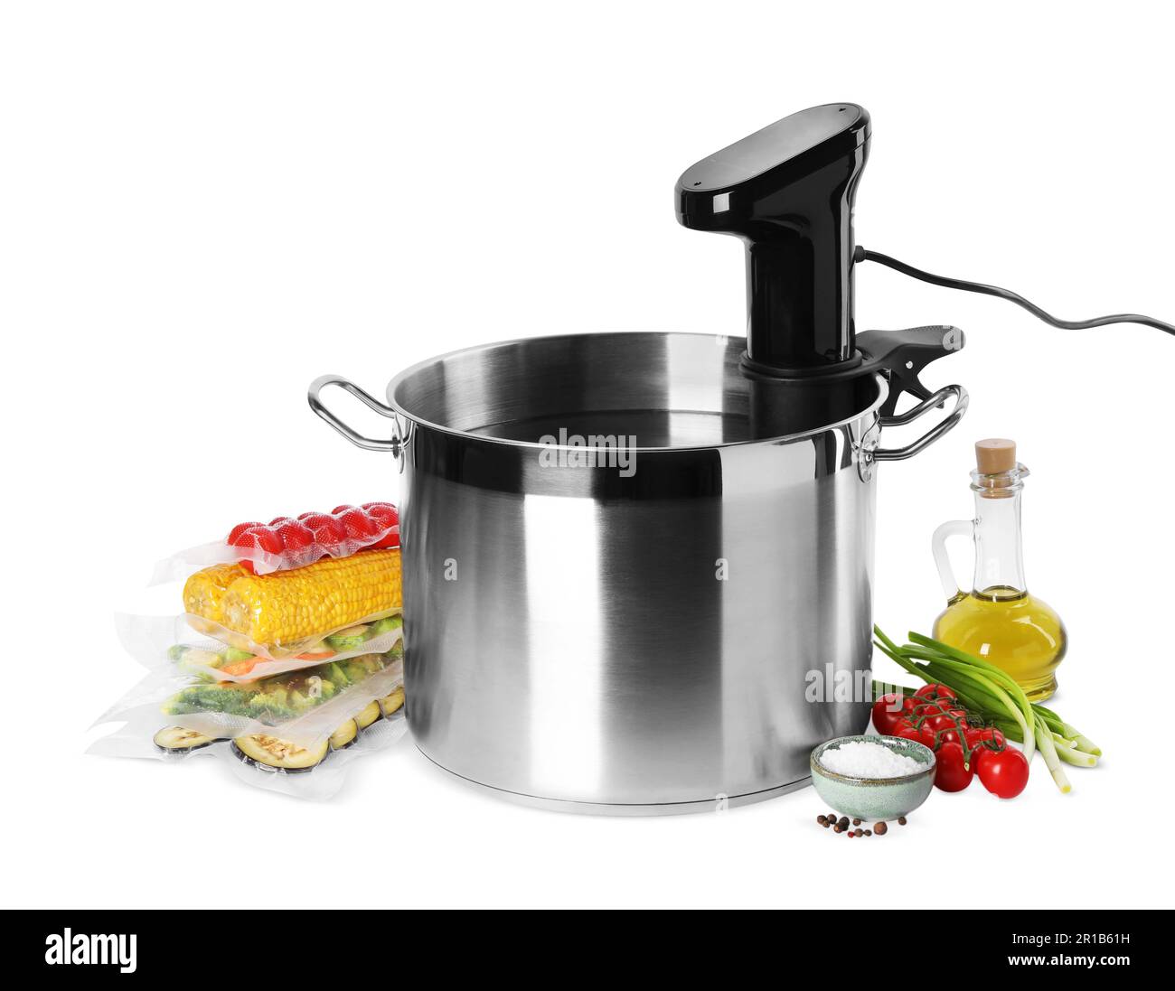 Thermal immersion circulator in pot and ingredients on white background ...