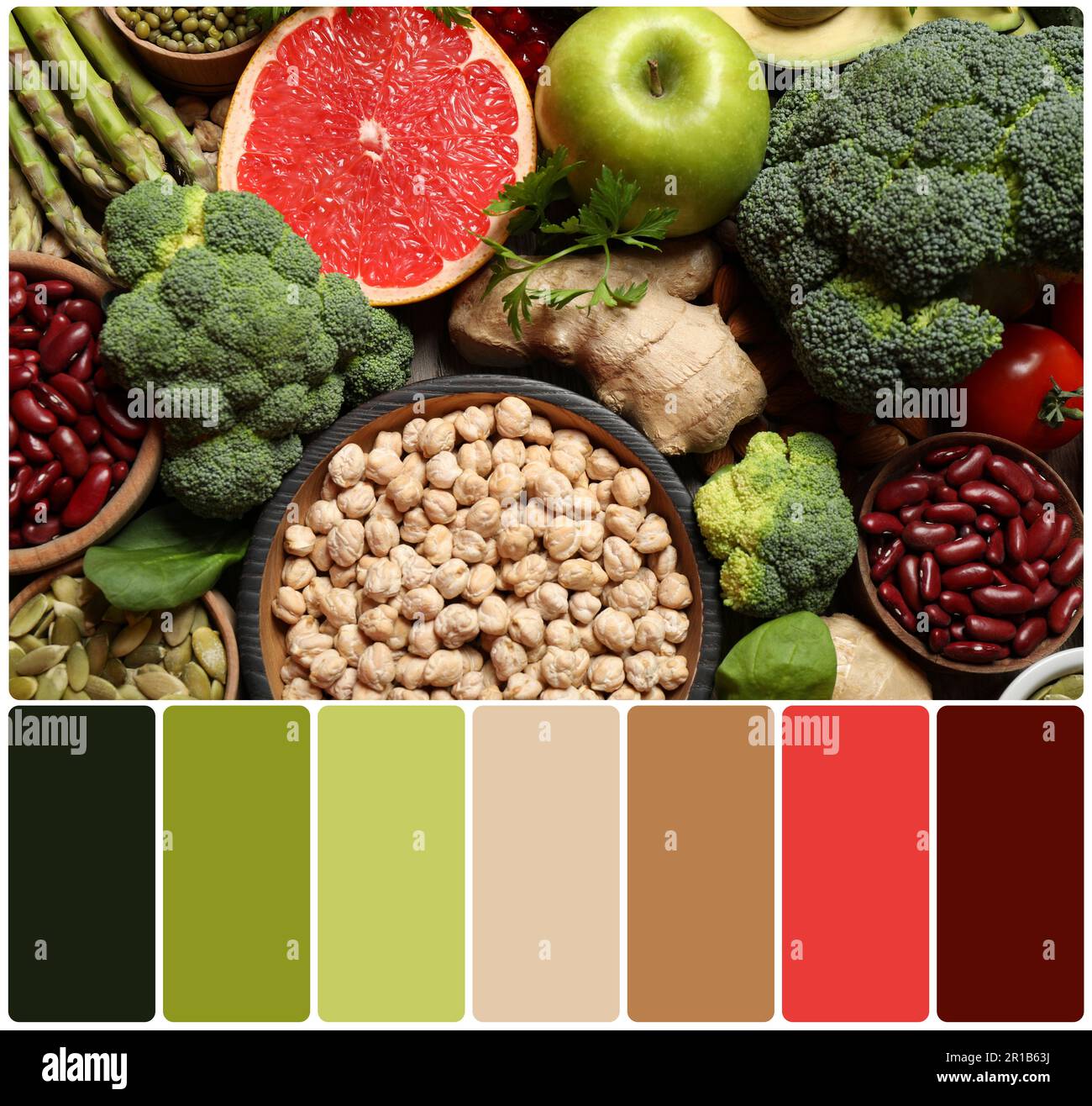 Top view of fresh vegetables, fruits and seeds and color palette ...