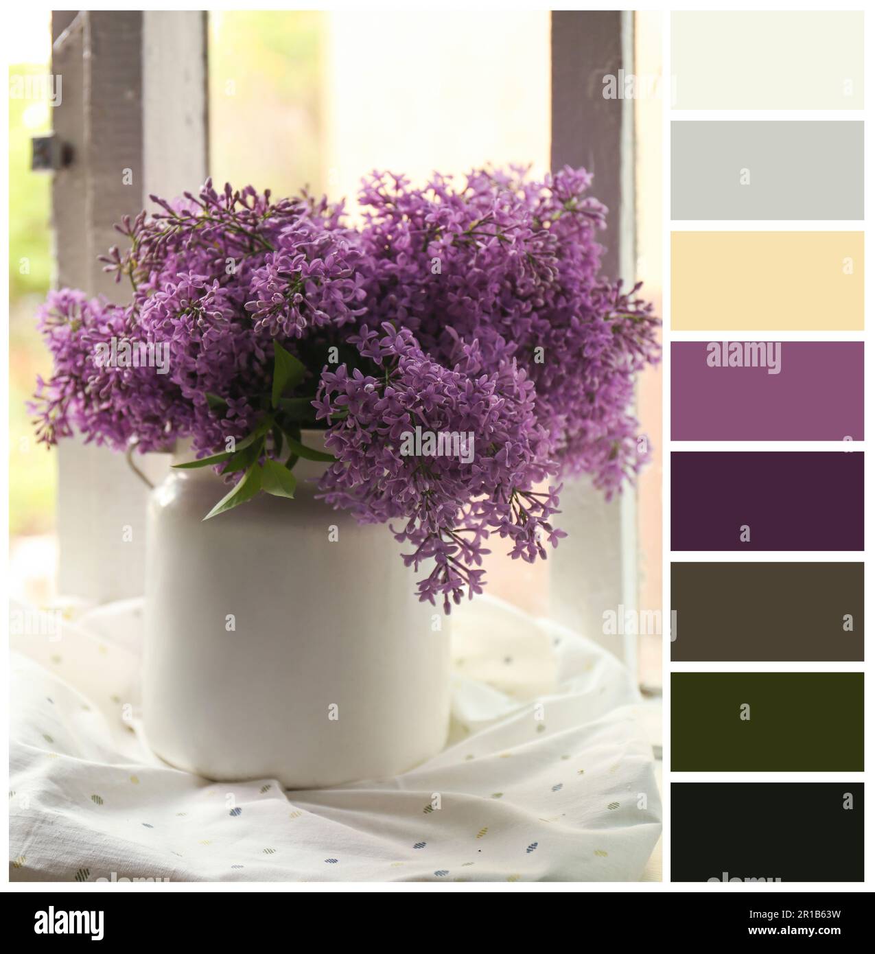 Beautiful lilac flowers in vase on window sill indoors and color ...