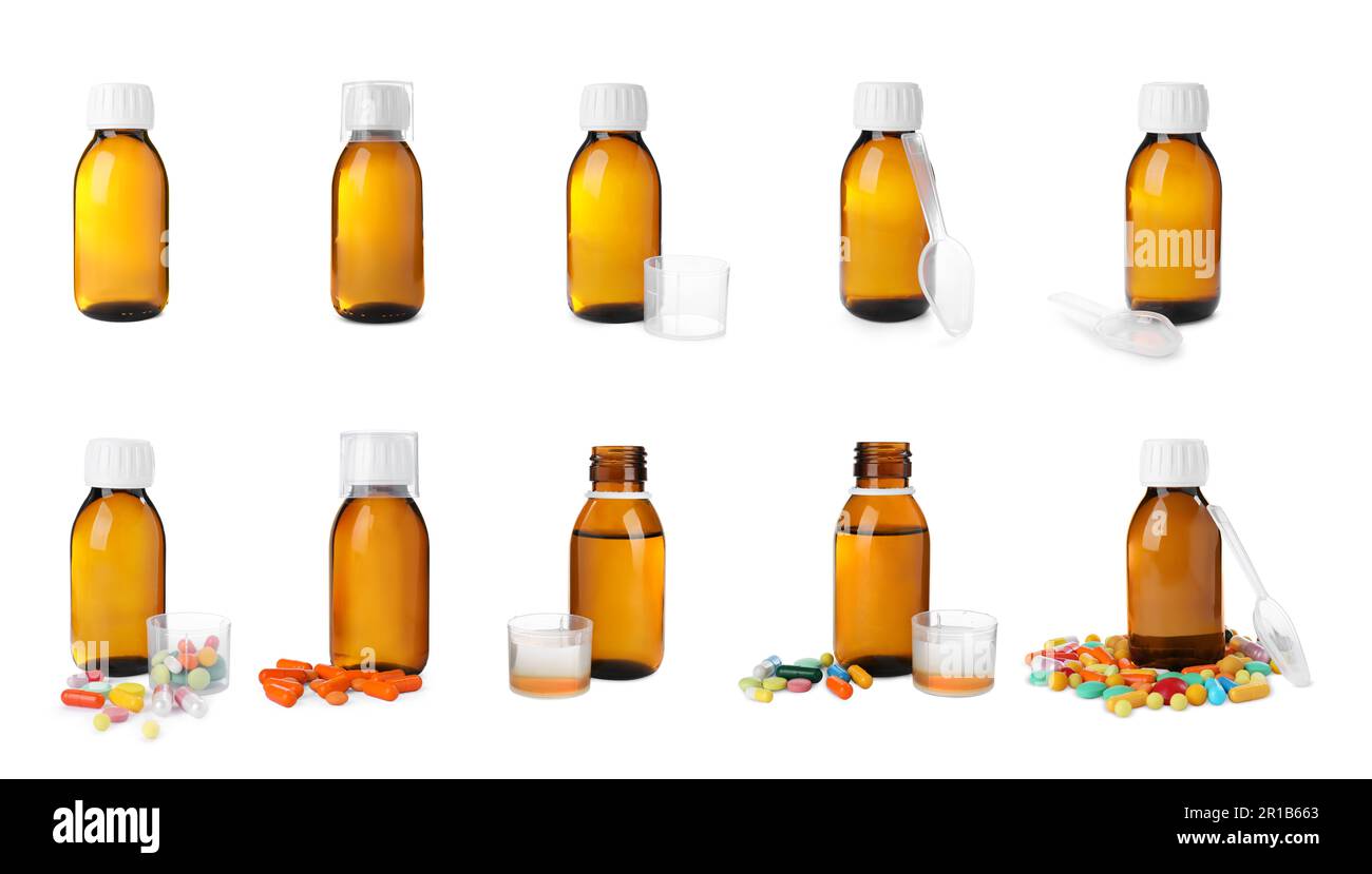 Set with bottles of cough syrup and pills on white background Stock ...