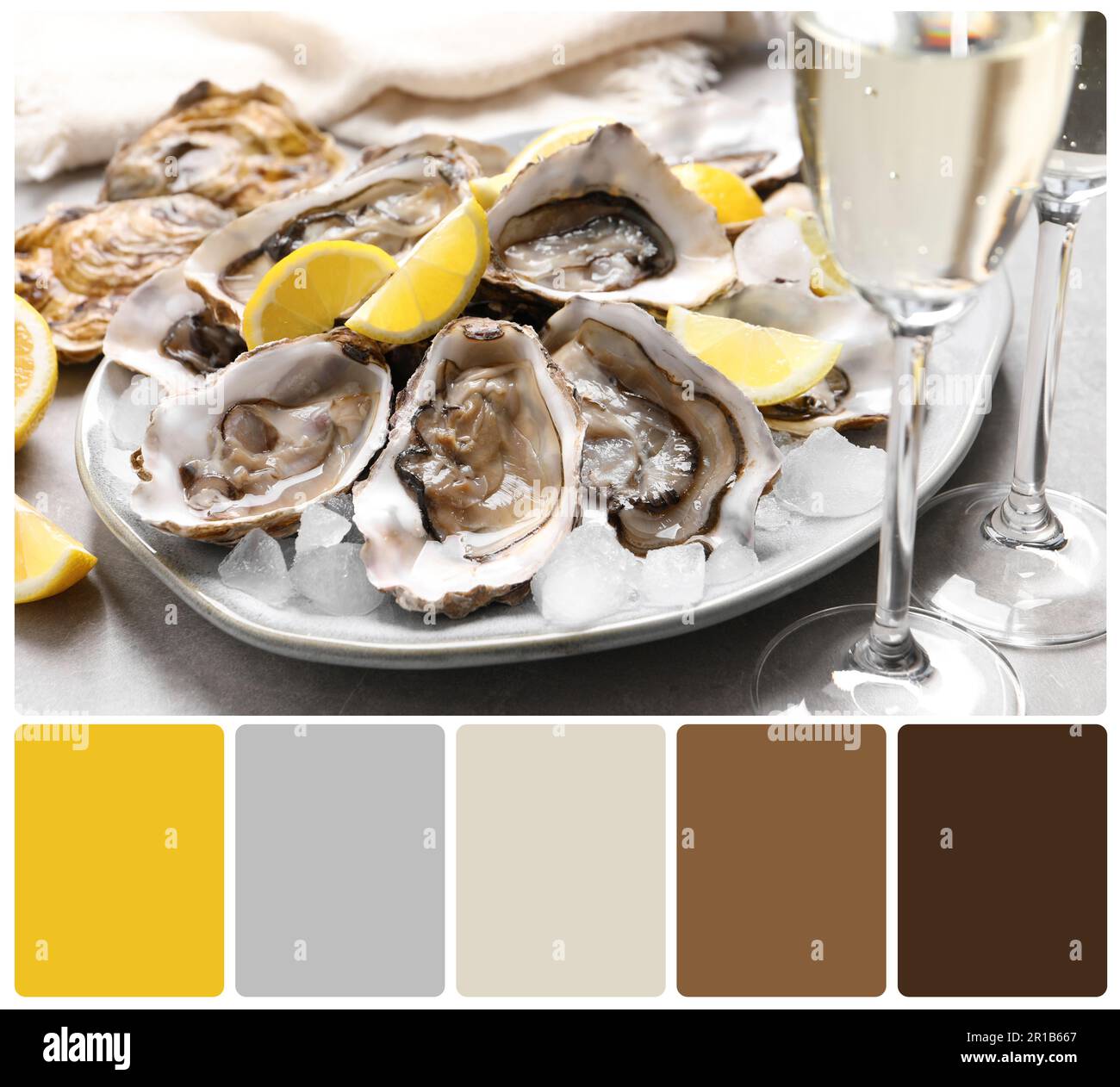 Fresh oysters with lemon and glasses of champagne on table and color ...