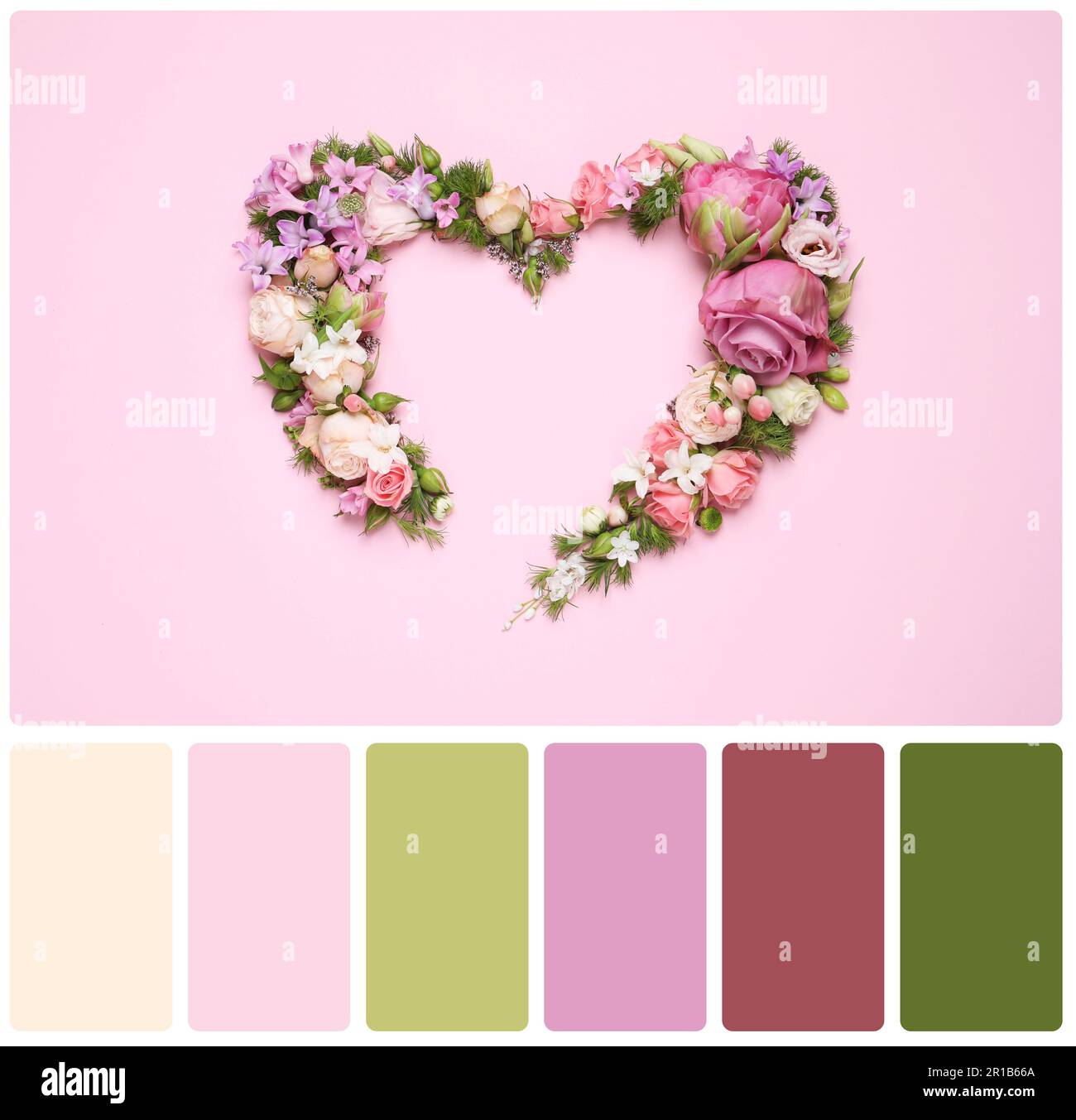 Color palette and beautiful heart made of different flowers on pink ...