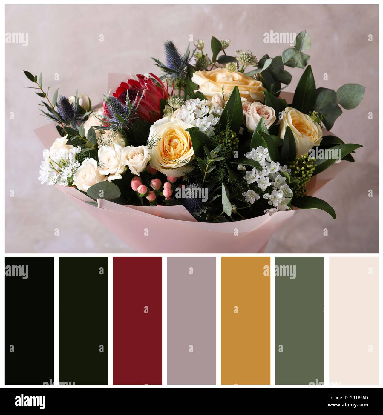 Beautiful bouquet with roses on beige background and color palette ...
