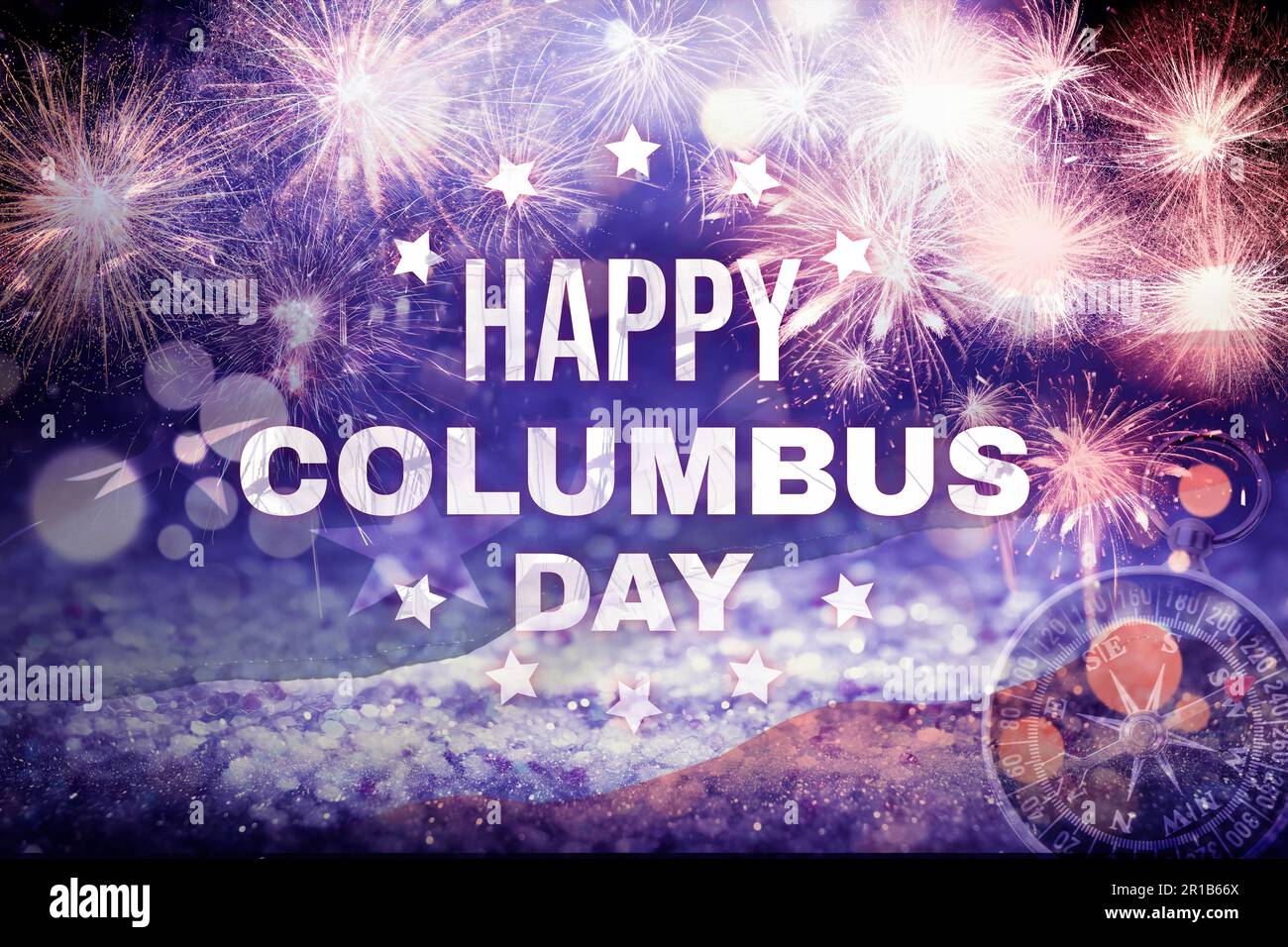 Text Happy Columbus Day on festive background with fireworks and ...