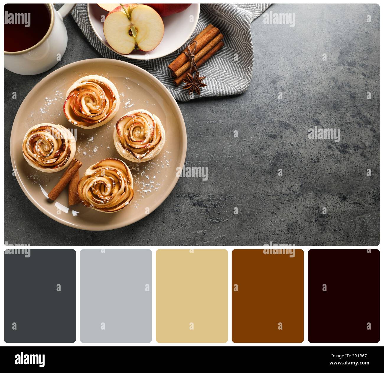 Flat lay composition with freshly baked apple roses served on grey ...