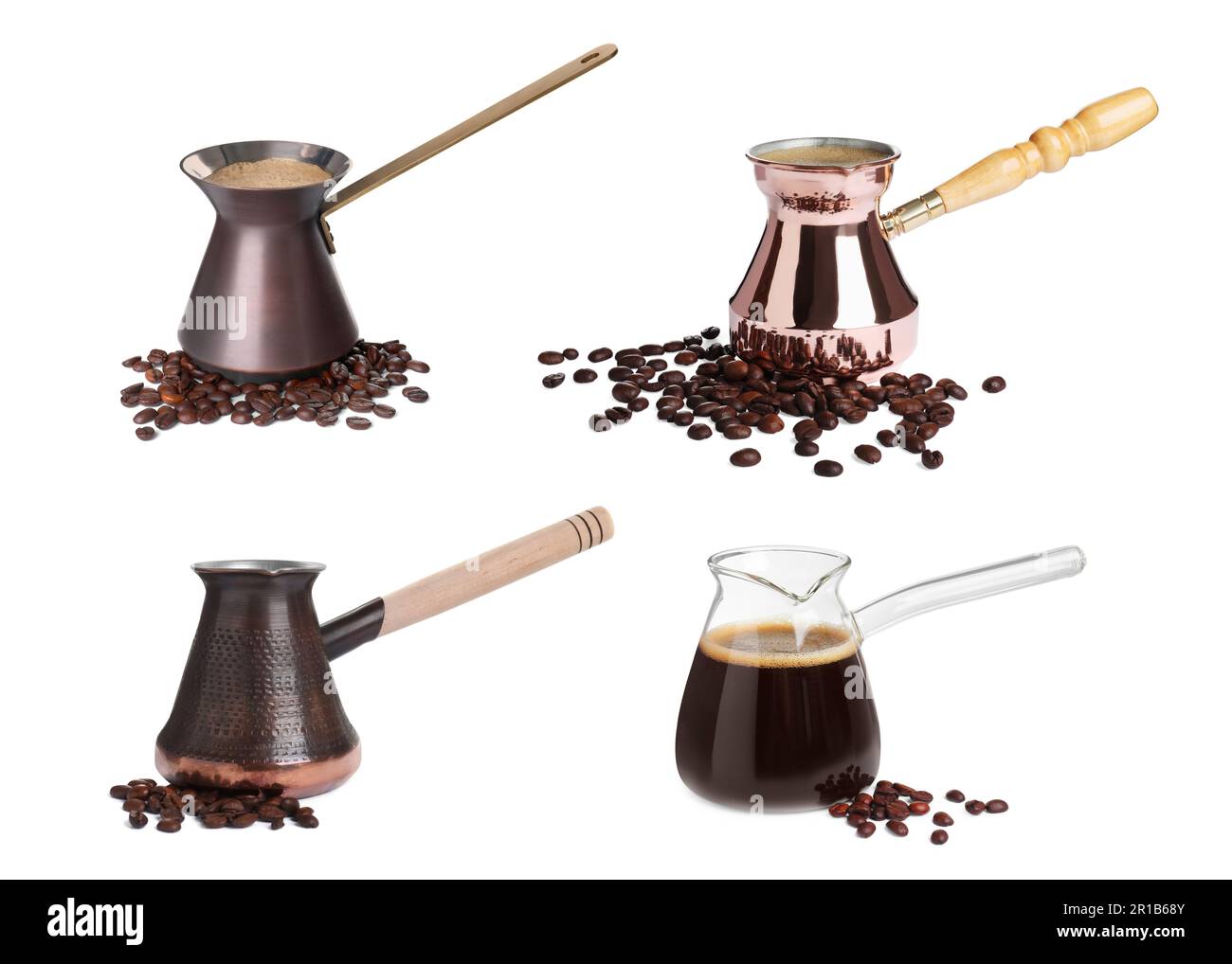 Set with different turkish coffee pots (cezve) with hot coffee and ...