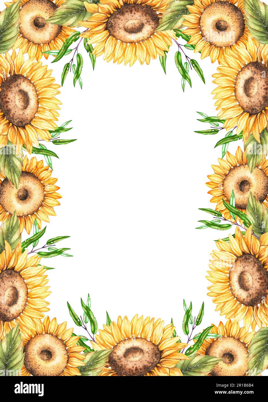 Watercolor sunflower rectangular frame for the design of invitations ...
