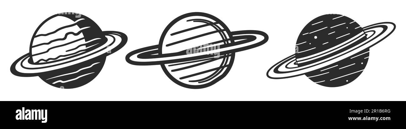 Planet icon set, outlines, in black. Black vector planets on white ...