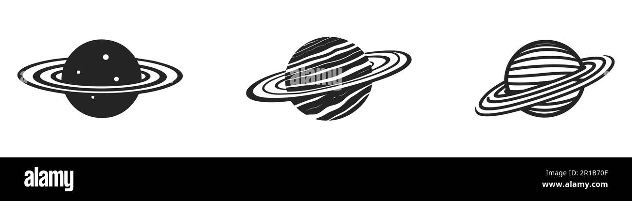 Planet icon set, outlines, in black. Black vector planets on white ...