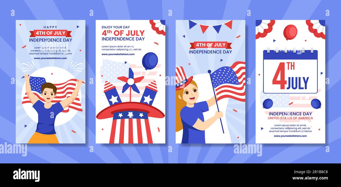 4th of July Independence Day USA Social Media Stories Flat Cartoon Hand ...