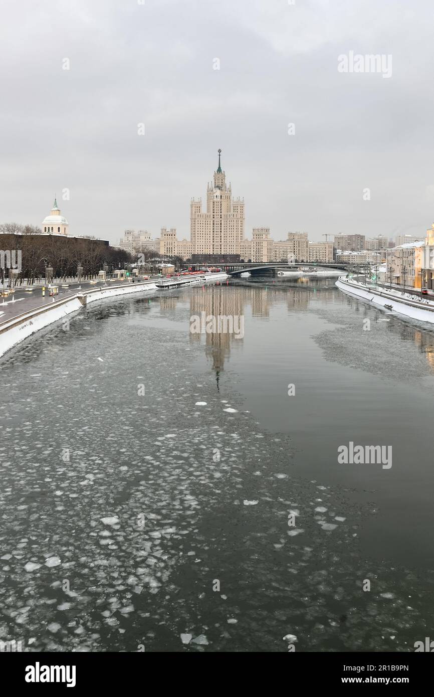 Skyscraper on Kotelnicheskaya embankment. Panoramic winter view of ...
