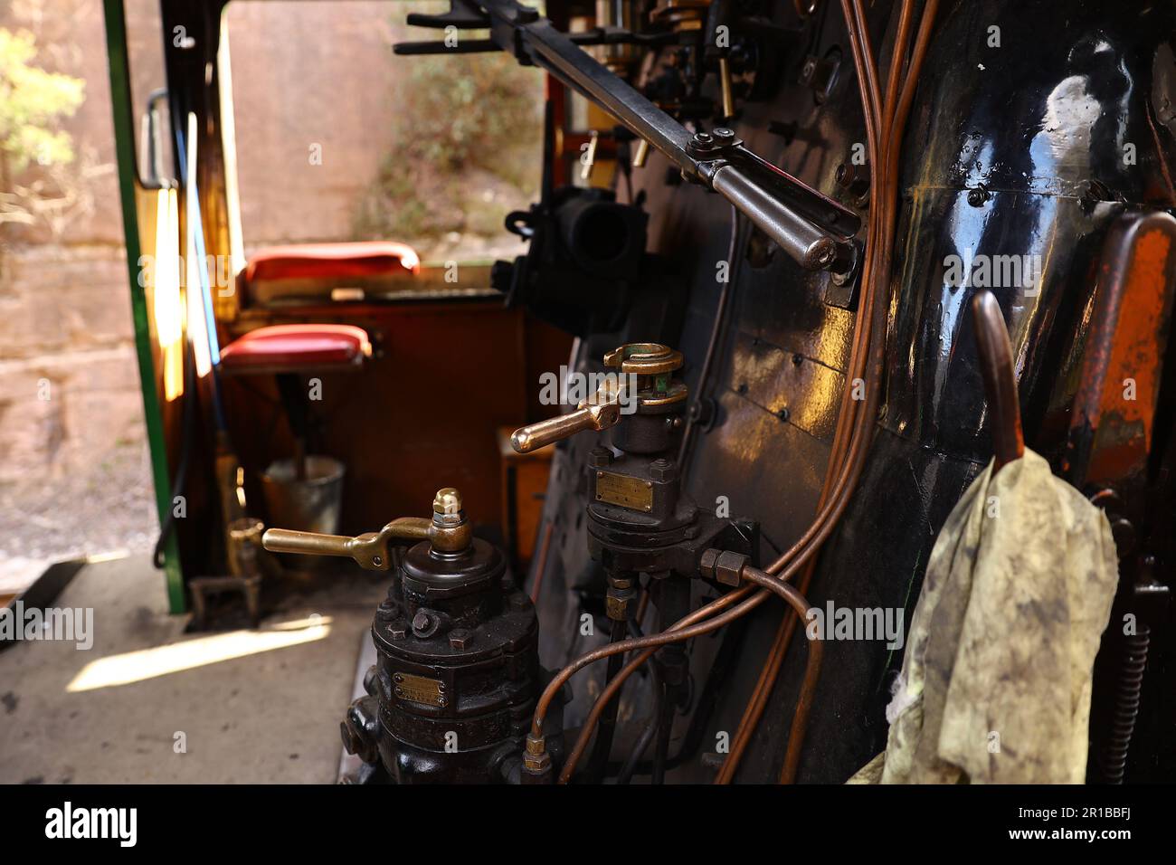 A detailed view of the drivers panel in the locomotive during the ...