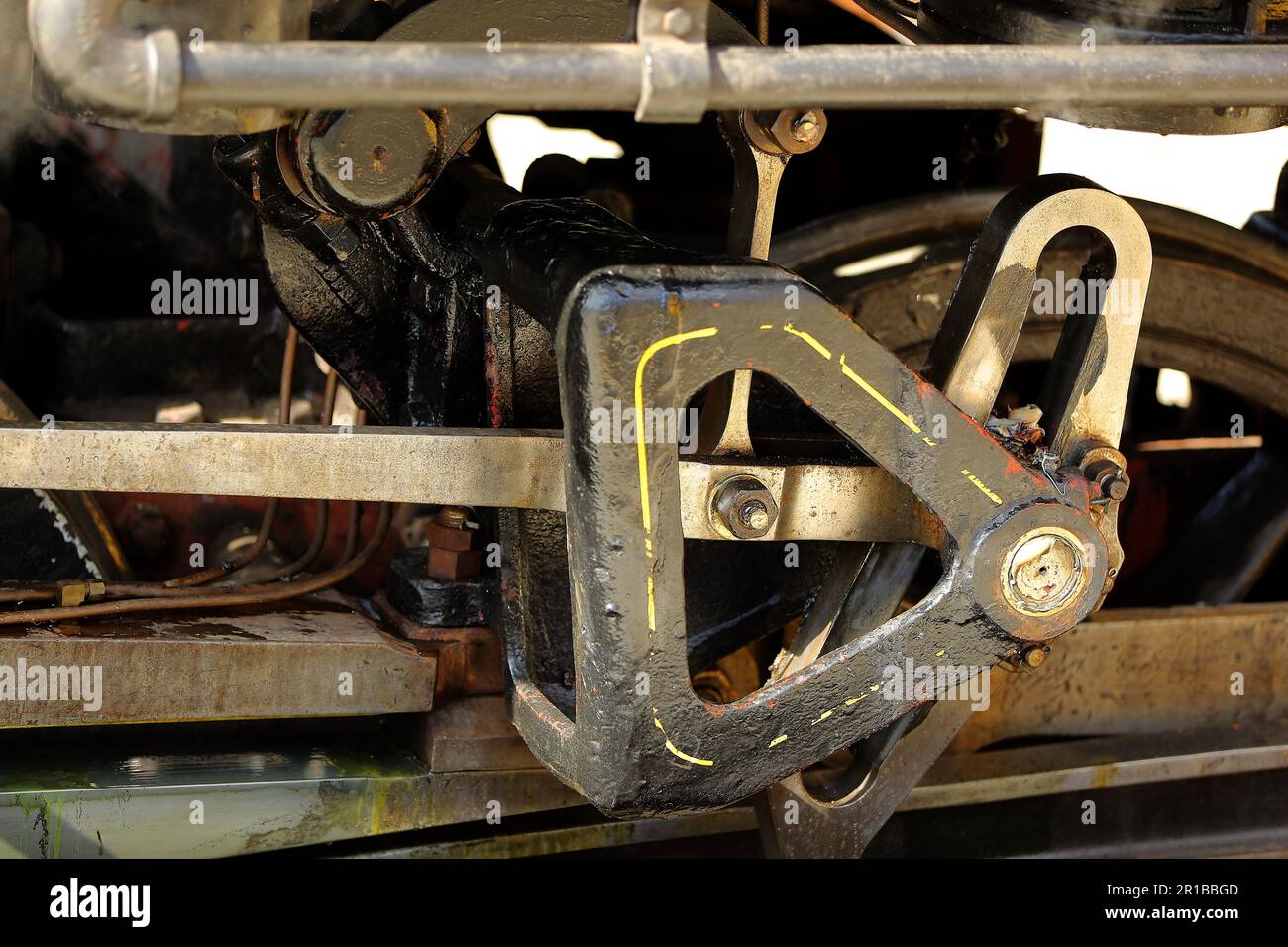 A detailed view of the mechanics of a steam train is seen during the ...