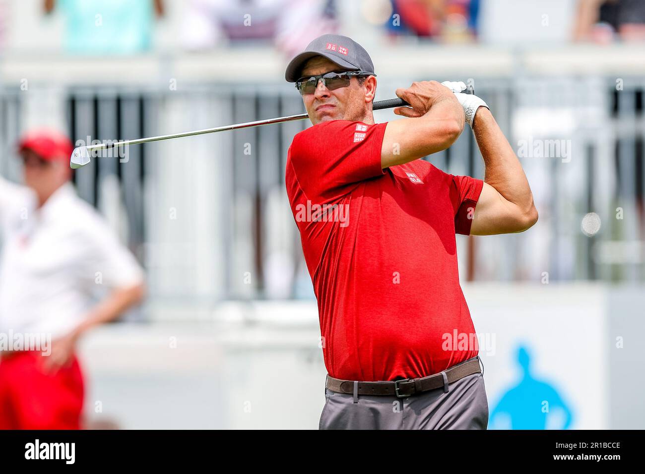 McKinney, TX, USA. 12th May, 2023. Adam Scott hits his tee shot on the ...