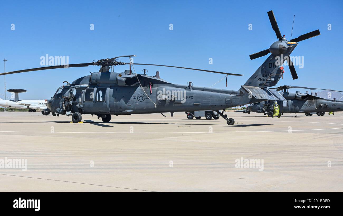 A U.S. Air Force HH-60G Pave Hawk helicopter sits on the flight line at ...