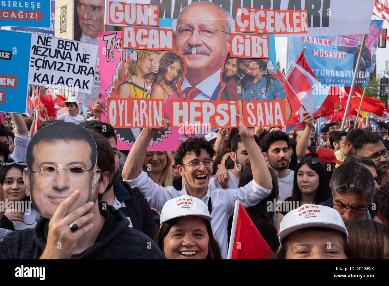 Ankara, Turkey. 12th May, 2023. Young people hold placards and banners ...