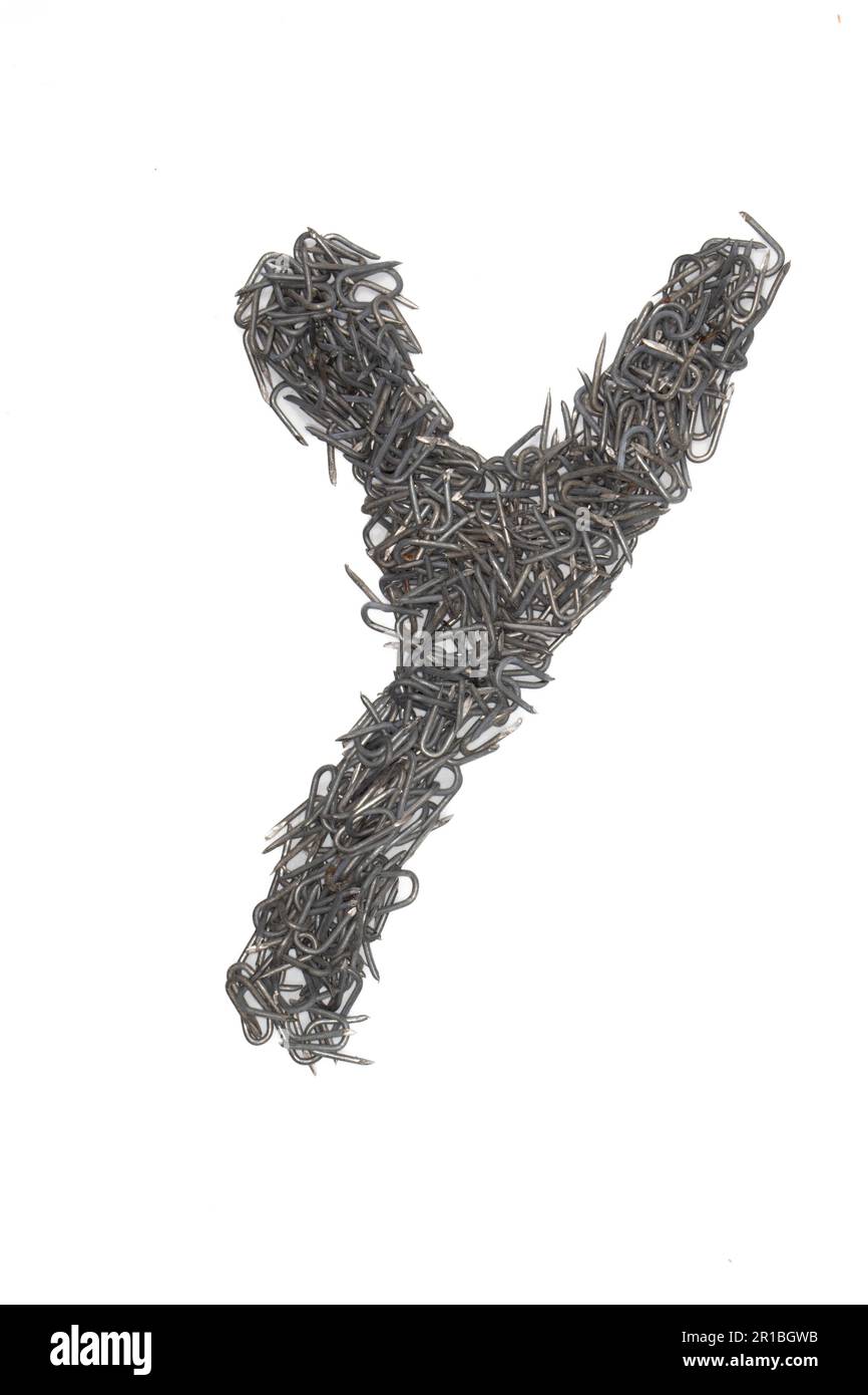 artistic isolated Letter Y made from steel staples isolated on a white ...