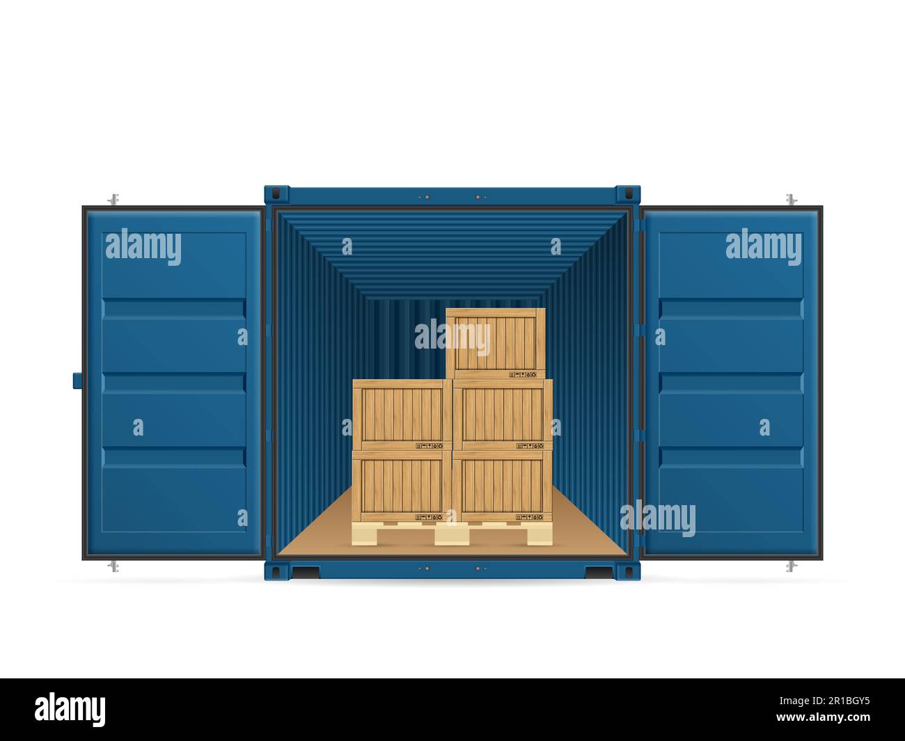 Open shipping cargo container with wooden boxes on a white background ...