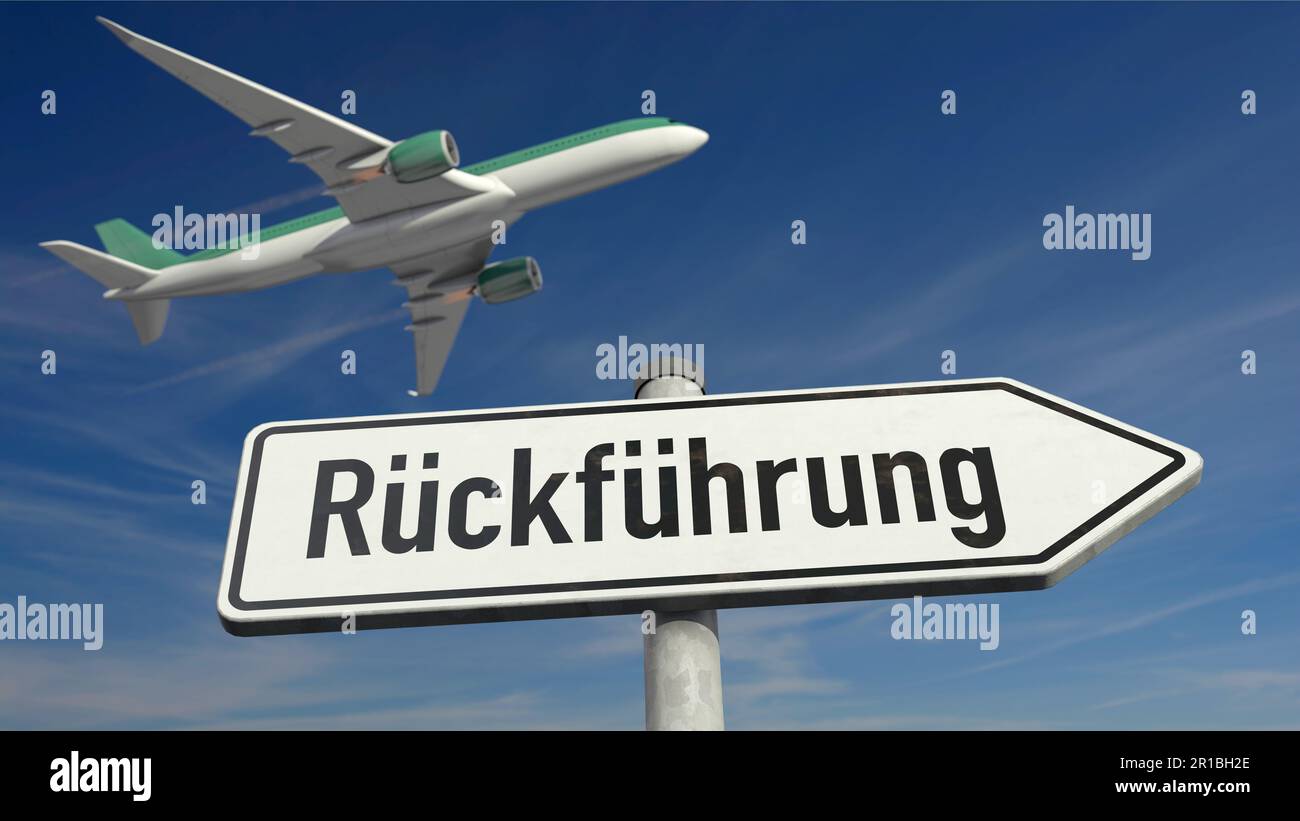 Return of asylum seekers by plane - Guide post with the German word ...