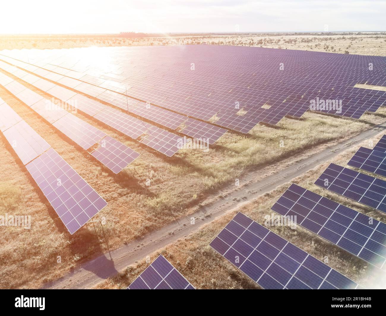 Aerial top view of a solar panels power plant. Photovoltaic solar ...