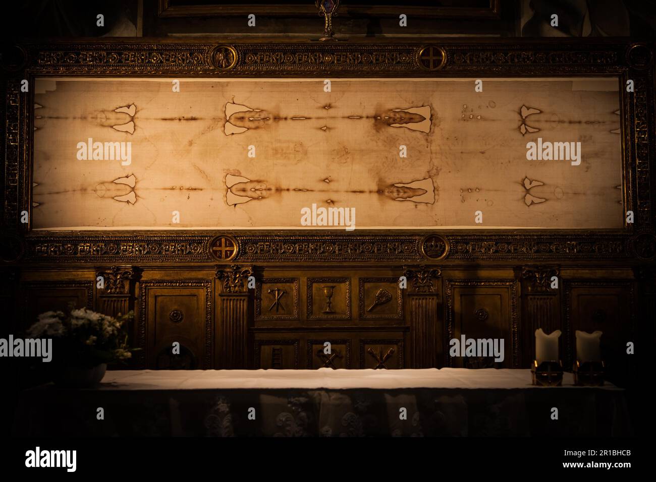 Detail of a copy of the Holy Shroud of Turin, Italy Stock Photo - Alamy