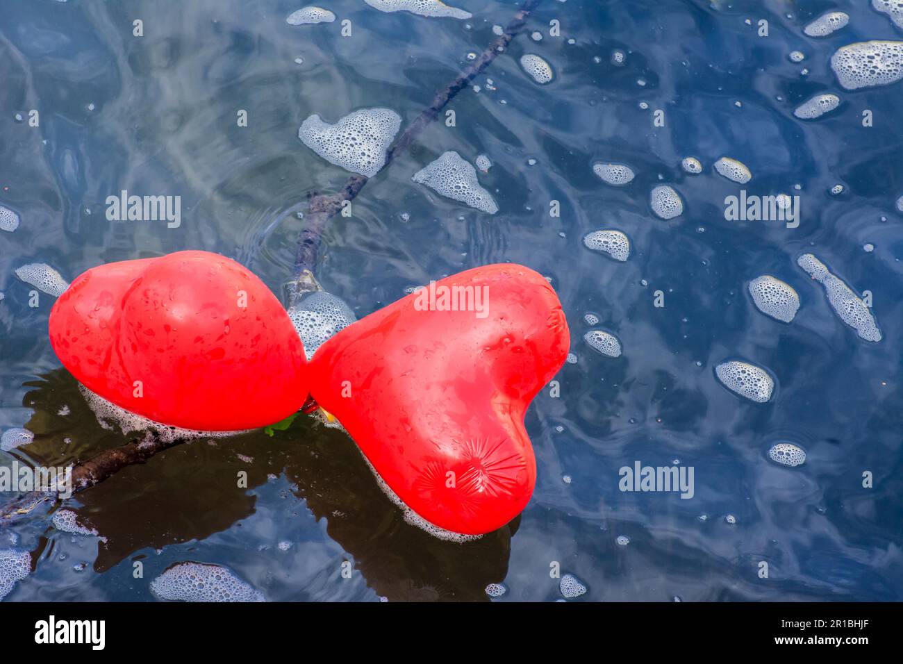 Love is flowing away, two heart shaped balloons in the water Stock ...