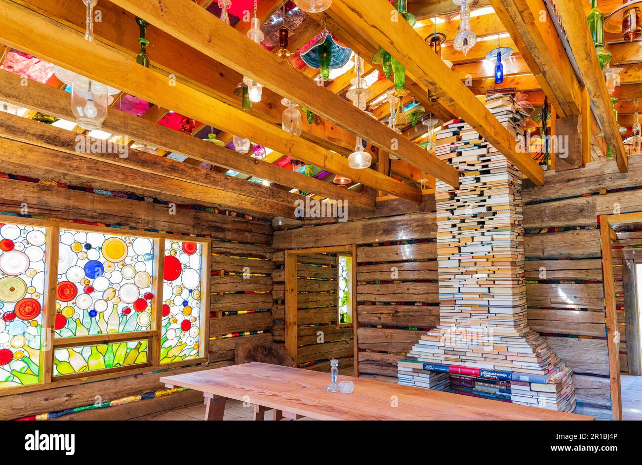 Interior view of a wooden house in the Philbrook Museum of Art at ...
