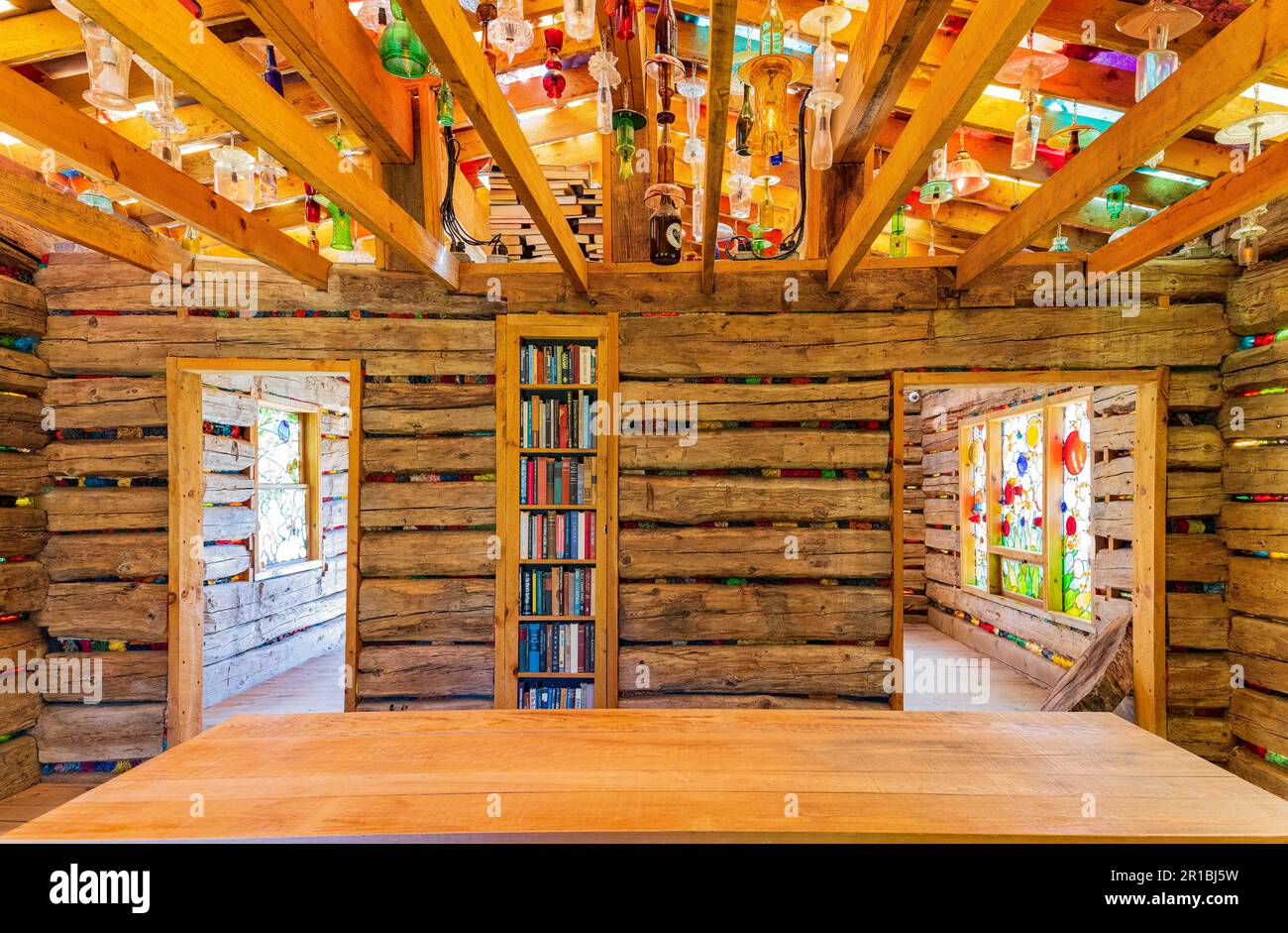 Interior view of a wooden house in the Philbrook Museum of Art at ...