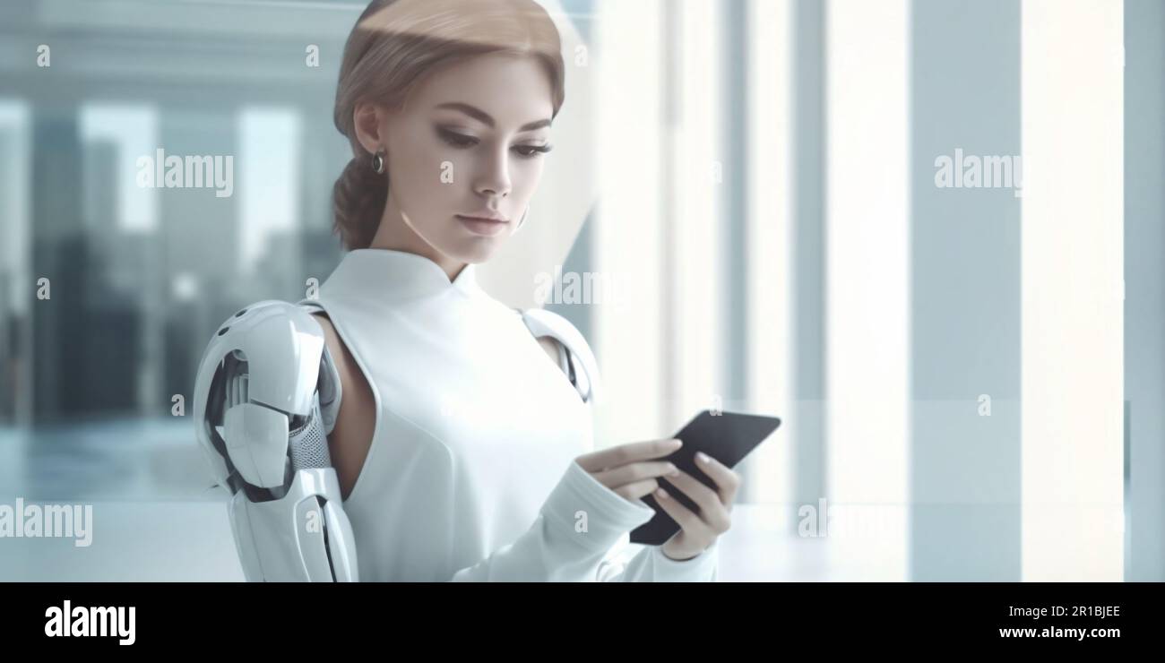 Insta woman, beautiful humanoid android cyborg, working on smartphone ...