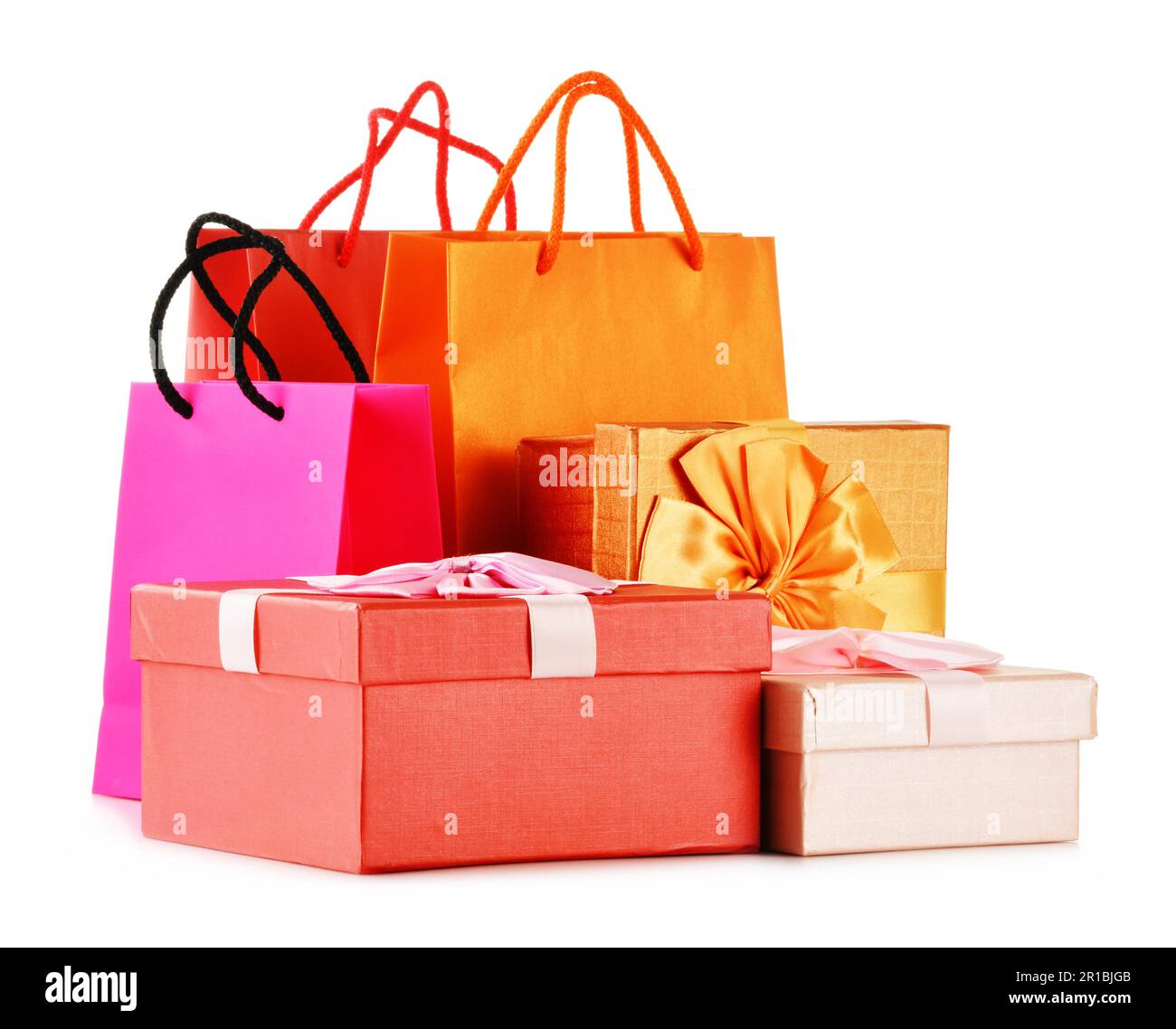 Gift boxes and colorful gift bags isolated on white background Stock ...