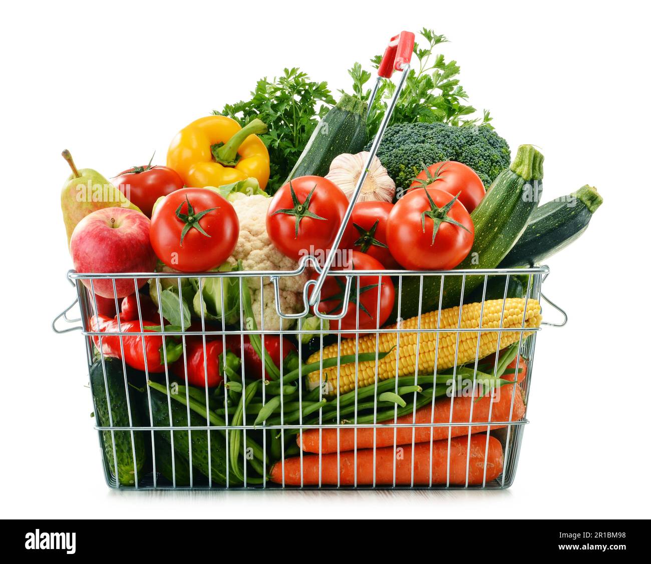 Wire shopping basket with groceries isolated on white background Stock ...