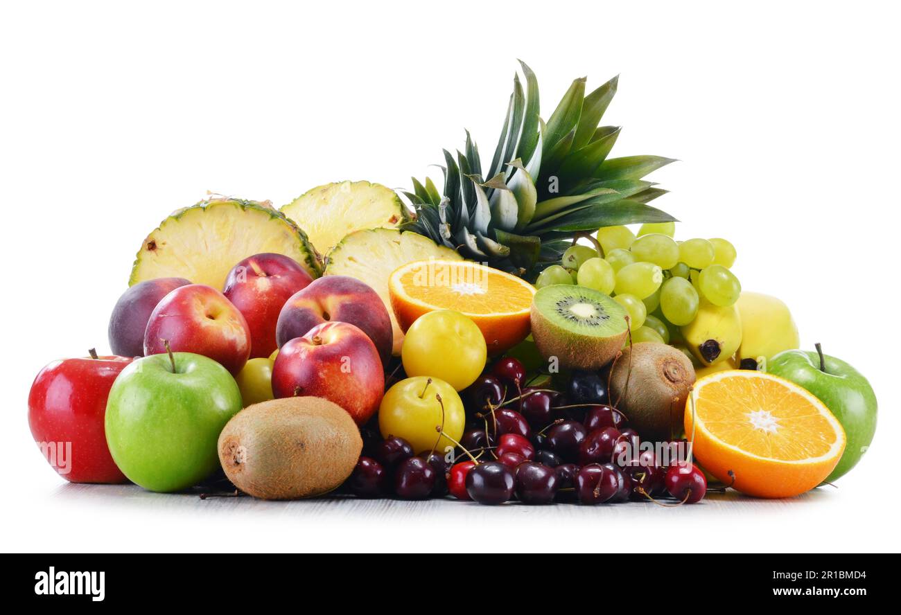 Composition with variety of fresh fruits. Balanced diet Stock Photo - Alamy