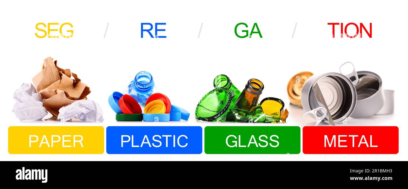 Recyclable garbage consisting of glass, plastic, metal and paper ...