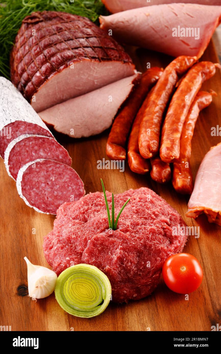 Assorted meat products including ham and sausages Stock Photo - Alamy