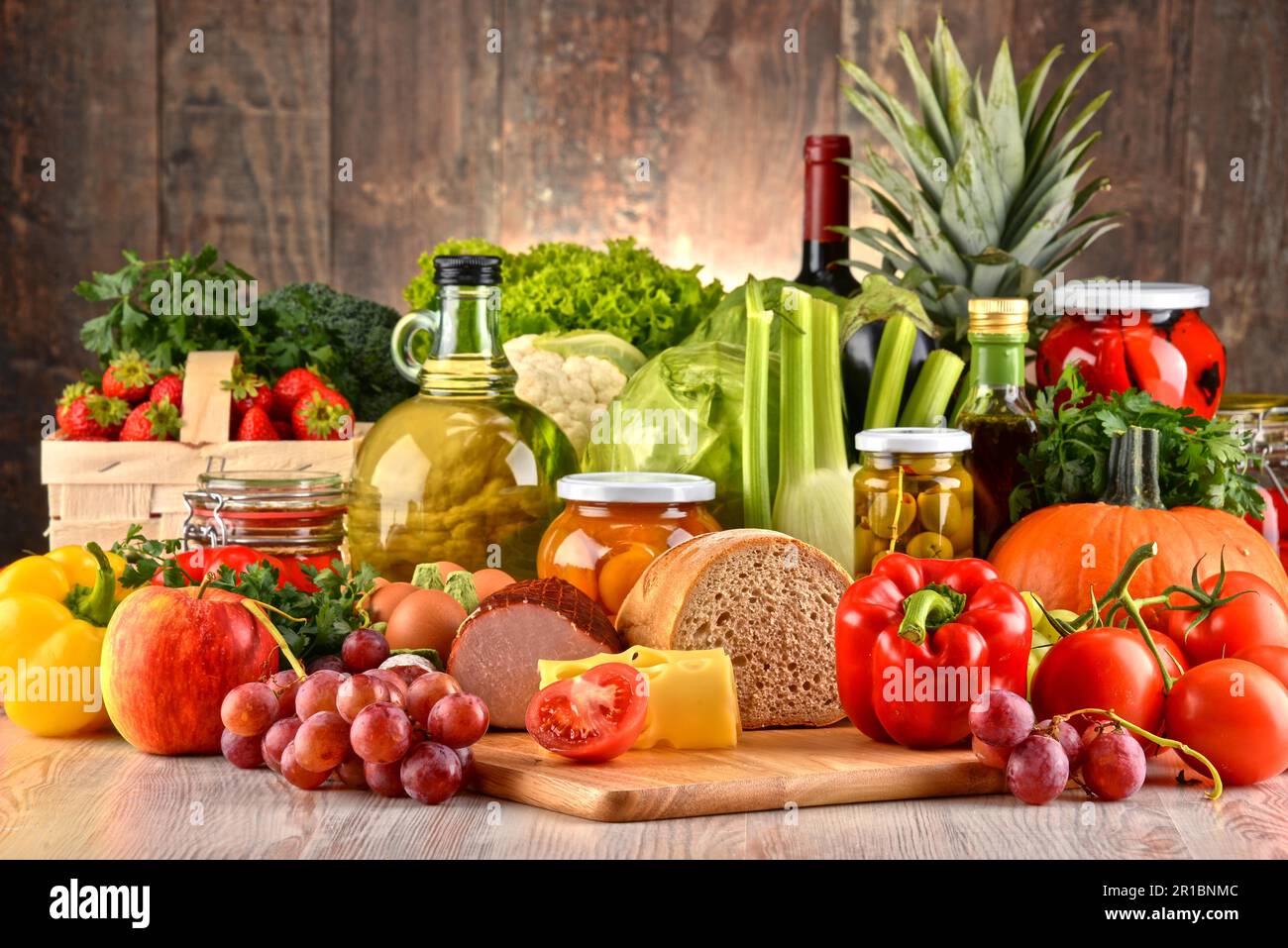 Composition with variety of organic food. Balanced diet Stock Photo - Alamy