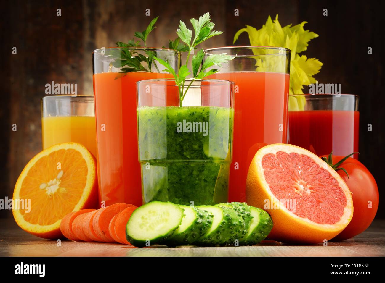 Glasses with fresh organic vegetable and fruit juices. Detox diet Stock ...