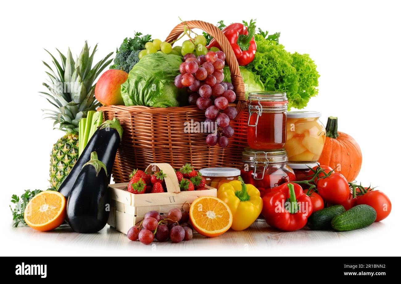 Composition with organic food isolated on white background. Balanced ...