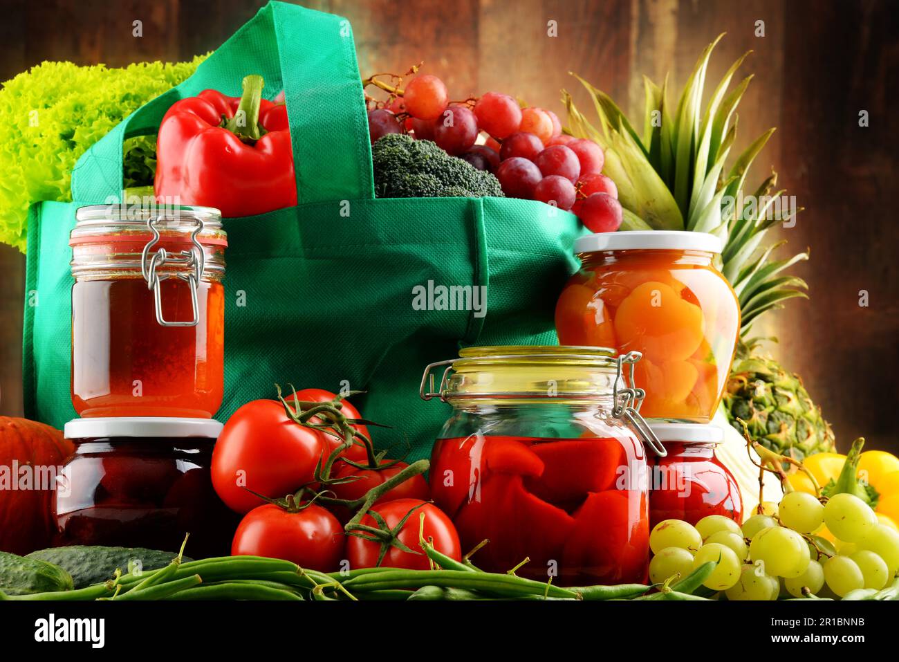 Composition with shopping bag and organic food. Balanced diet Stock ...
